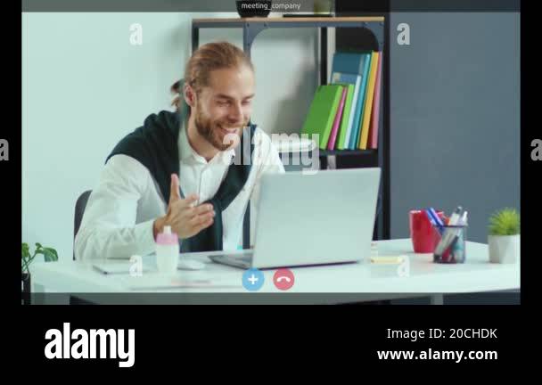 Young businessman making conference video call meeting on laptop ...
