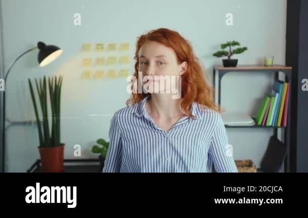 Happy smiling face of young beautiful woman with Animation biometric ...