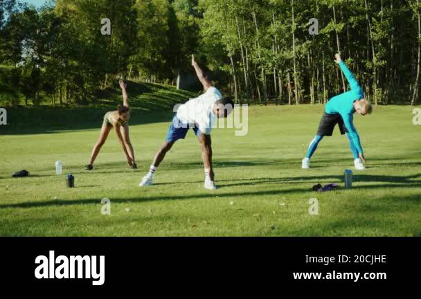 Sports routine. Team sports. Multi-ethnic handsome athletic 3 people ...