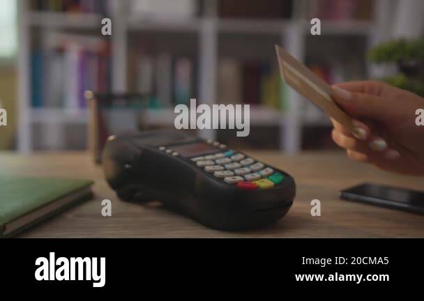 NFC Technology. Close-up of Young Woman Using Credit Card with NFC Chip ...