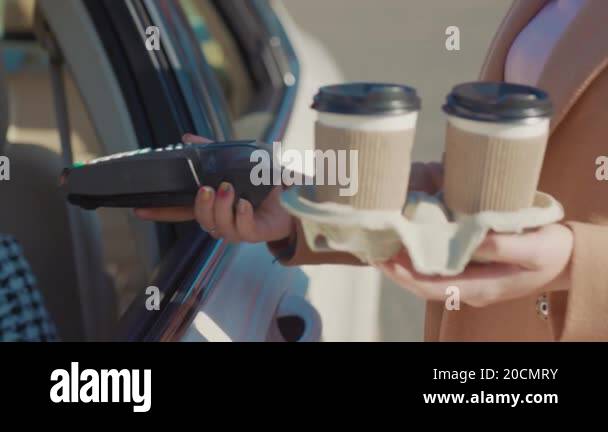 Slow motion hands woman making payment transaction with his mobile ...