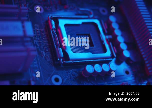 NEW YORK - May 19, 2019: Blue light macro electronic part of a computer ...