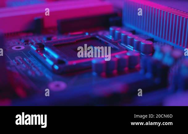 NEW YORK - May 19, 2019: Blue light macro electronic part of a computer ...