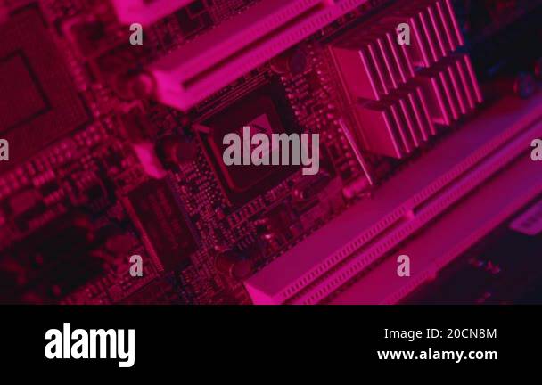 NEW YORK - May 19, 2019: Blue and red light macro electronic part of a ...