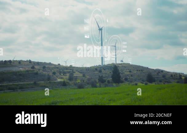 Wind Power. Green Ecology. Windmills with Digitally Holographic Display. Turbines Visualization ...