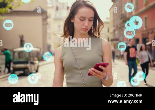 NEW YORK - 5 March, 2020: Charming young woman walk on street use phone white animation loud ...