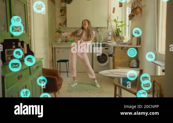 NEW YORK - 5 March, 2020: Beautiful young woman dancing feel happy blue animation loud ...