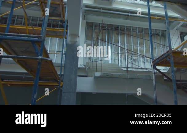 Building construction inside interior deserted old haunted ruins ...