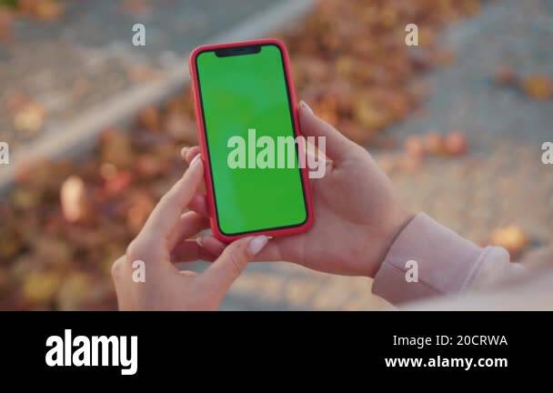 NEW YORK - April 5, 2019: Slow motion hands woman holding use vertical phone with green screen ...