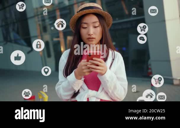 Portrait asian young girl using smartphone communication . Chinese ...