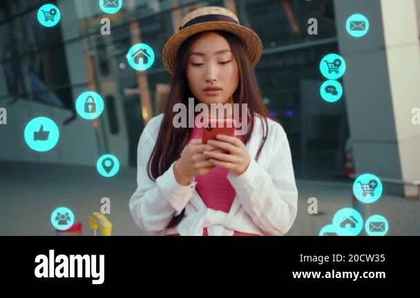 Attractive asian young girl using smartphone communication . Chinese ...