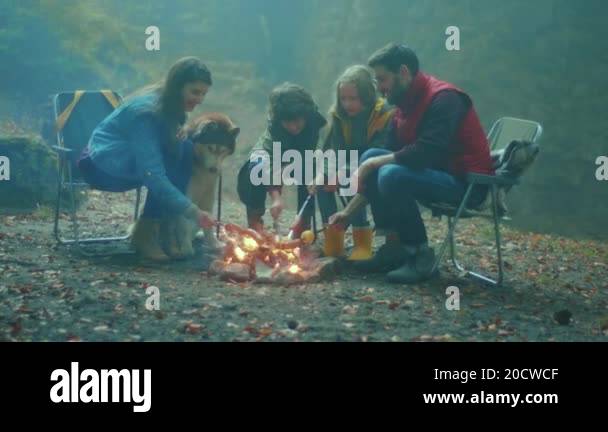 Happy family with dog sit around a campfire on autumn evening in the ...