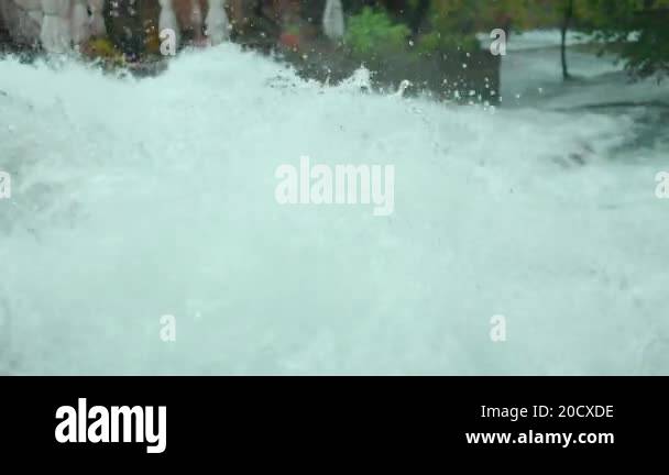 Close-up view of water splashing, drops. Waterfall in Croatia, nature ...