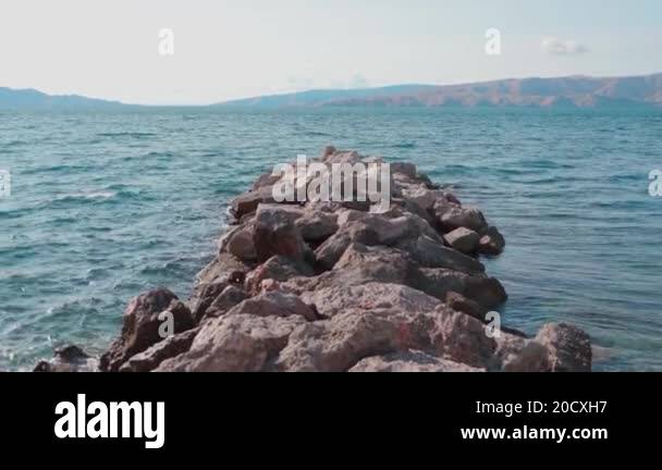 Panoramic view of sea with big rocks. Horizontal footage. Natural ...