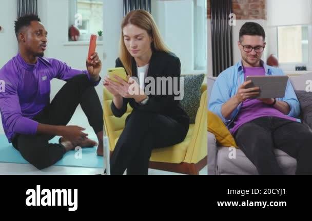 Multi-ethnic attractive people using phone at home. Collage of people ...