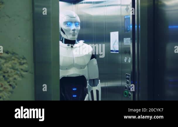 Cybernetic robot use riding the elevator. Futuristic. In modern office ...