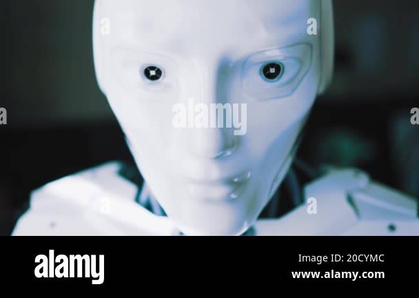 Close-up Portrait of Artificial Cybernetic Robot White Cyborg Rising ...
