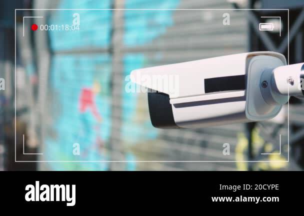 Record screen of security camera outside a building. CCTV surveillance ...