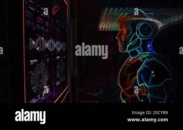 Futuristic Robot is Activated with Hologram Panel Scanning. Touch ...