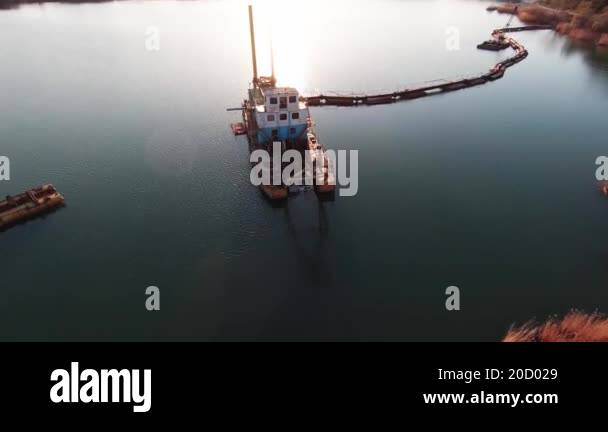 Aerial copter view of water landscape and abandoned construction site ...