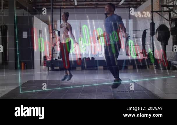 Heart rate and fitness tracking animation over people exercising in gym ...