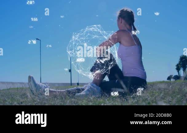 Meditating woman with network connections and data processing animation ...