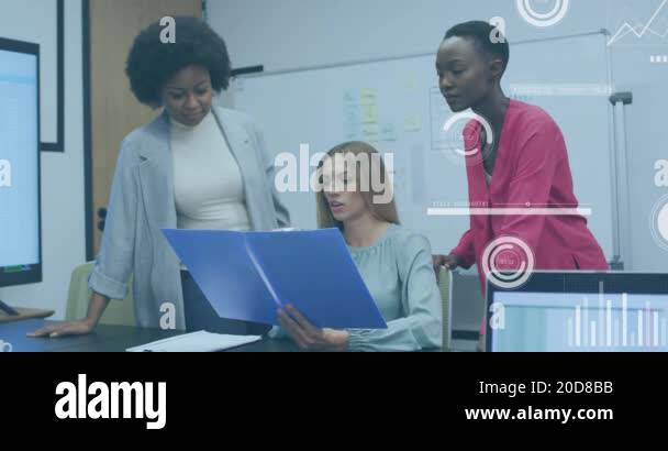 Business Data Analytics Animation Over Diverse Team Reviewing Documents