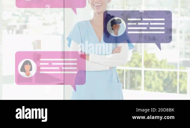 Smiling nurse with arms crossed, chat bubbles animation over hospital ...