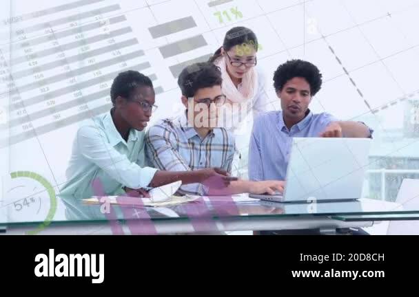 Business data analysis animation over diverse team collaborating at office desk. Teamwork ...