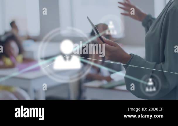 Animation of network of connections with people icons over diverse ...