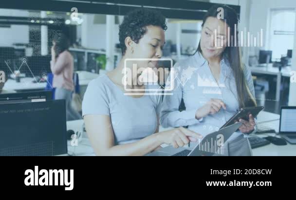 Discussing data on tablet, businesswomen with graphs and charts animation over office ...