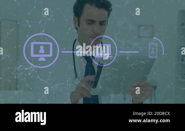 Animation of network of connections with icons over caucasian male ...