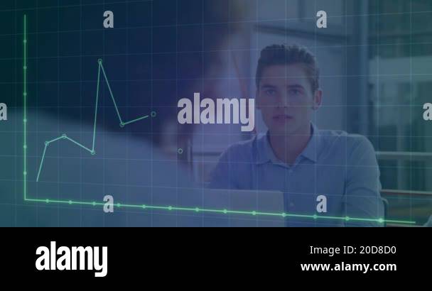 Line graph animation over business people working on laptops in office ...