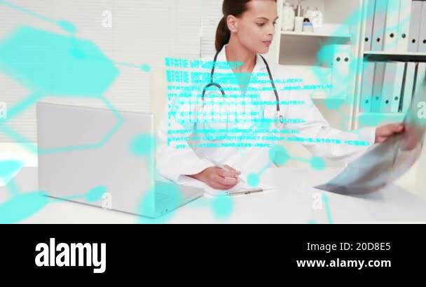Examining X-ray, doctor processing brain data animation in medical ...