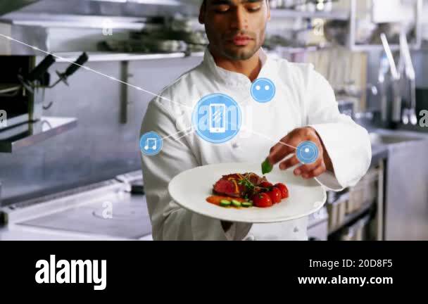 Animation of network of connections with icons over caucasian male chef ...