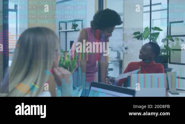 Financial data and charts animation over diverse business team in ...