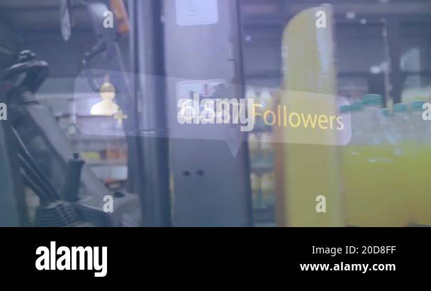 Factory worker in safety gear with follower count animation overlaid ...
