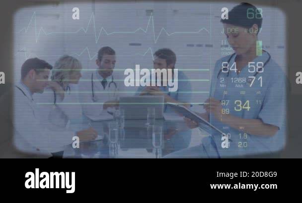 Medical data and heart rate animation over doctors discussing around ...