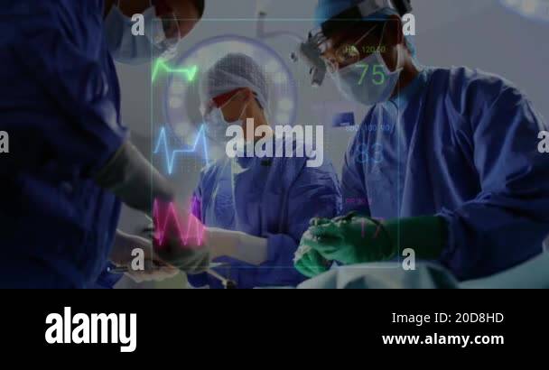 Medical team performing surgery with vital signs monitoring animation ...