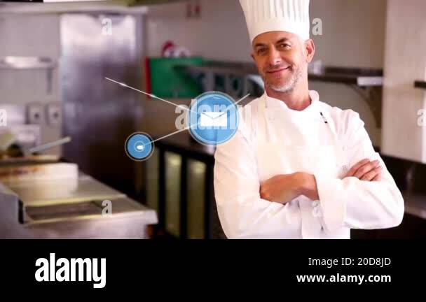 Animation of network of connections with icons over caucasian male chef ...