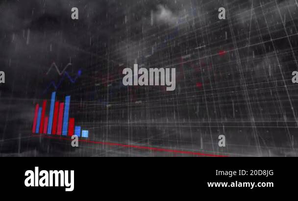 Animation of data processing and diagrams over storm. Technology ...