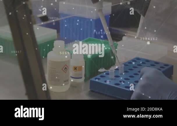 Animation of data processing and network of connections over caucasian male scientist in lab ...