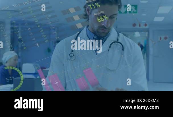 Animation of data processing and diagrams over caucasian male doctor ...