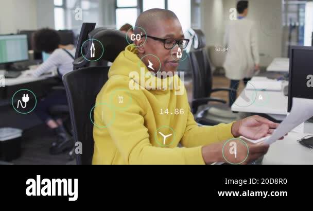 Animation of data processing and ecology icons over diverse colleagues ...