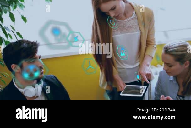 Discussing project with tablet, business people with hexagonal shapes ...