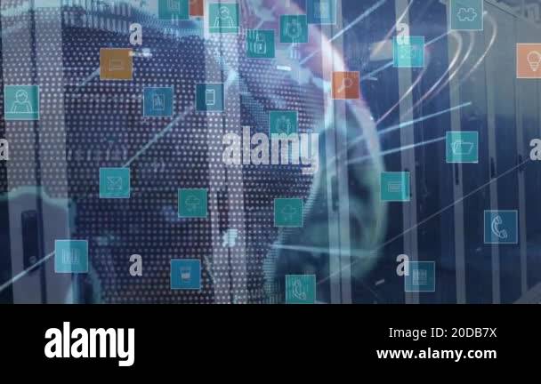 Digital icons and data processing animation over people working in server room. Technology ...