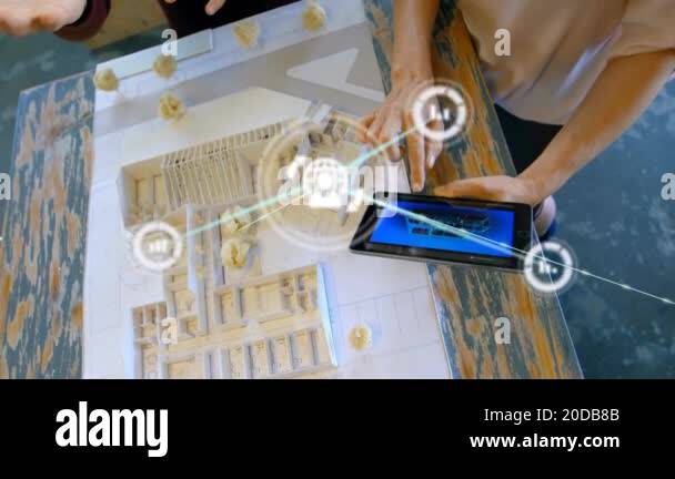 Designing and planning architecture, people using tablet and building ...