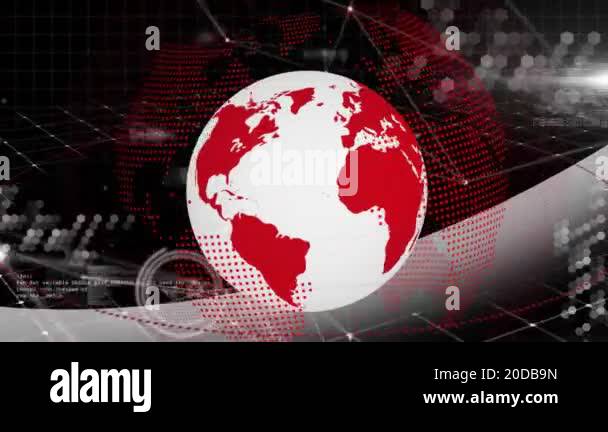 Rotating globe animation over digital grid and red world map background. Global, technology ...