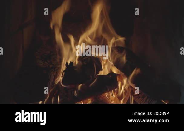 Slow-Motion Footage of Cosy Fireplace Flames in Rustic Setting. Calm ...