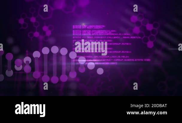 Molecular structure and scientific data analysis animation over purple ...